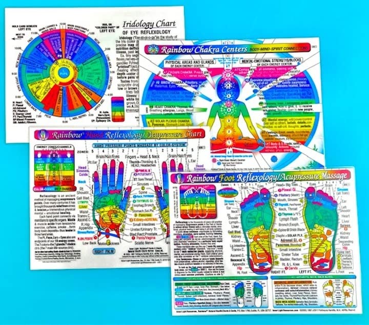 SET 4 CHARTS: REFLEXOLOGY-FOOT & HAND, CHAKRAS, & IRIDOLOGY (EYE ...