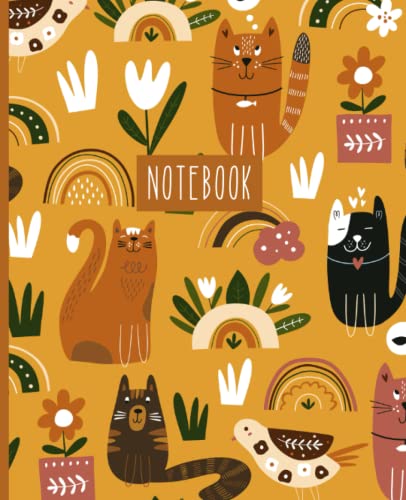 Cat Notebook: Cute boho cat patterned notebook with 120 wide ruled ...
