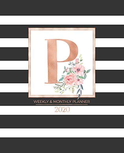 Weekly & Monthly Planner 2020 P: Black and White Stripes Rose Gold ...
