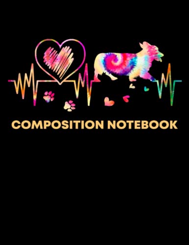 Wide Ruled Composition Book: Puppy Corgi Dog Heartbeat Tie Dye ...