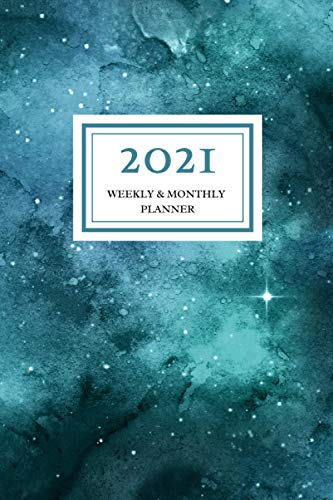2021 Weekly & Monthly Planner: Teal Green Galaxy Watercolor, January ...