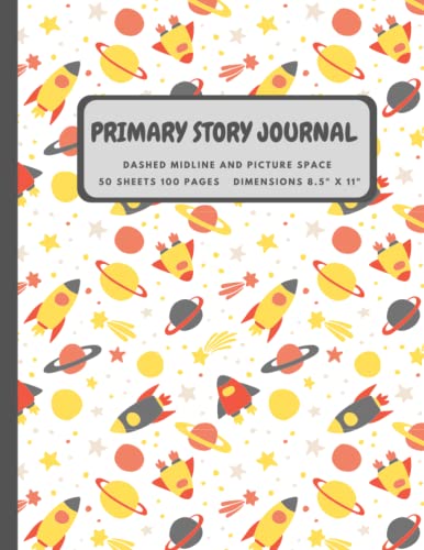 Primary Story Journal: Vivid Spaceship and Rockets Pattern, Dashed ...