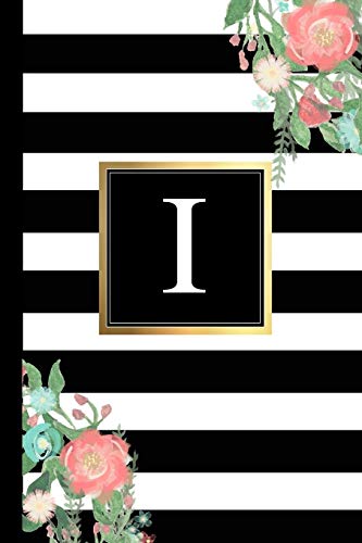 I: Black and white Stripes & Flowers, Floral Personal Letter I Monogram ...
