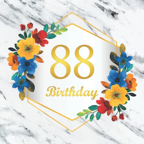 88 Birthday: Happy Birthday Guest Book Marble Background, Floral Frame ...