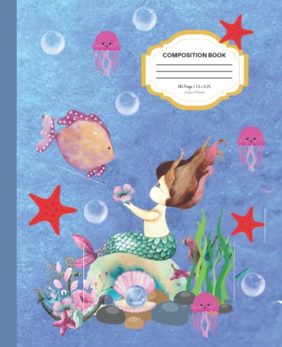 Mermaid Wide Ruled Composition Notebook | Cute Mermaid with Flower ...