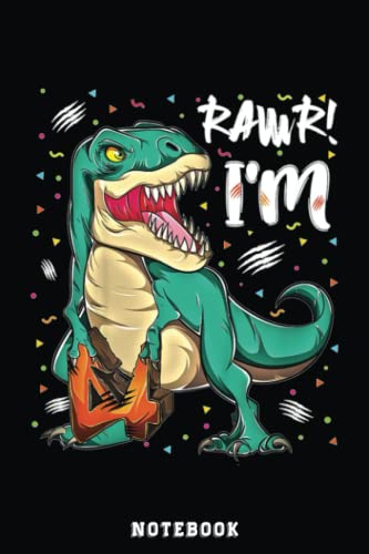Kids 4 Year Old dinosaurs birthday 4th Party Rawr Boys Notebook: Cute Trendy Dinosaur Wide Ruled ...