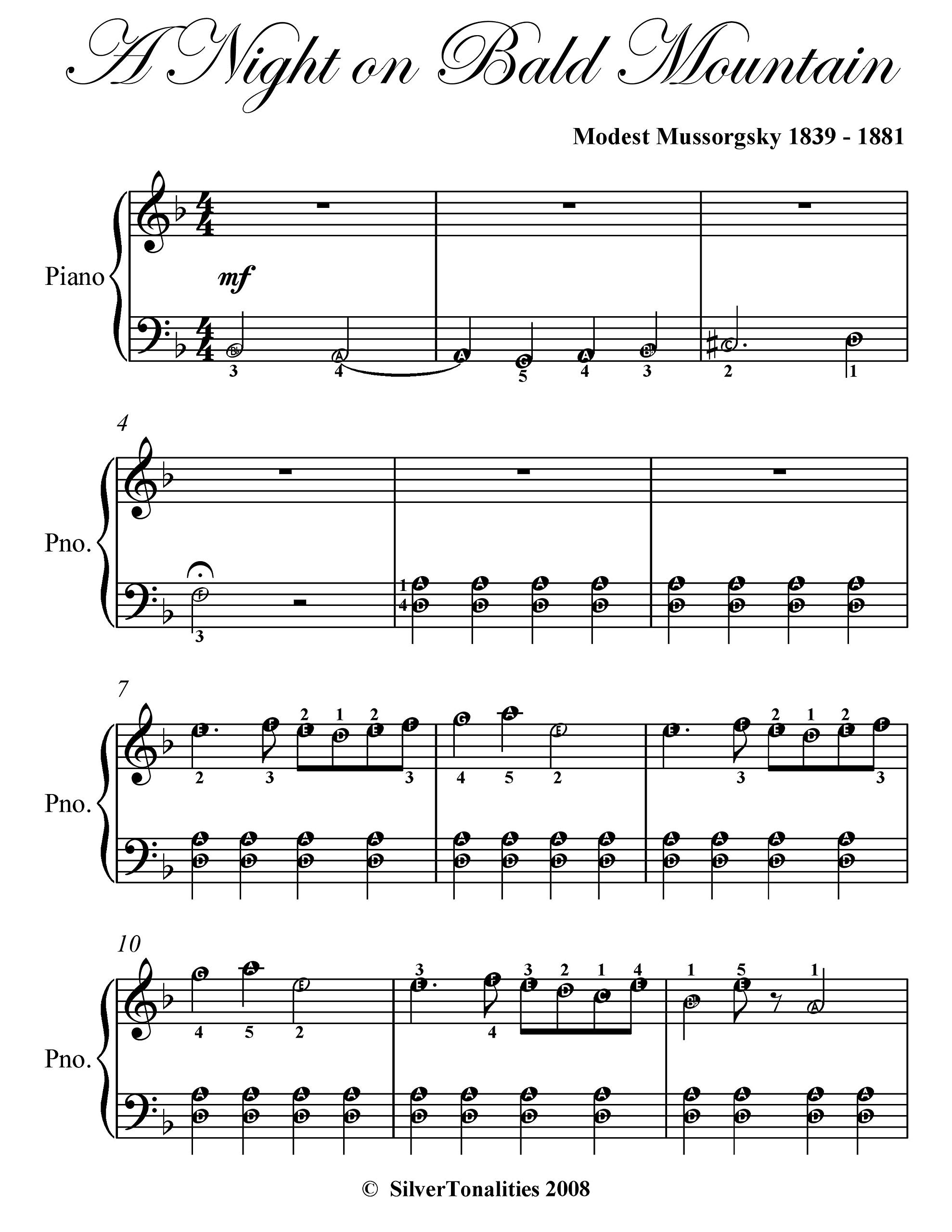 Night on Bald Mountain Mussorgsky Easy Piano Sheet Music by Modest ...