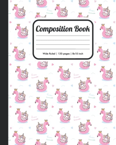 Composition Book: Pink Flamingo & Unicorn Love | Blank Wide Lined ...