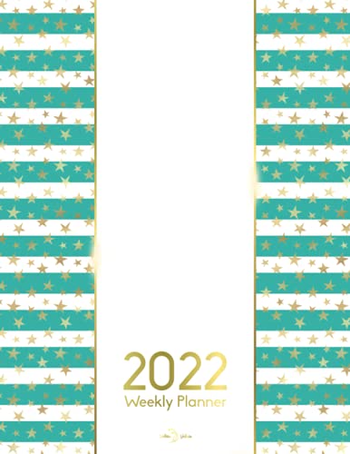 2022 Weekly planner: green and white stripes 2022 agenda with gold dots ...