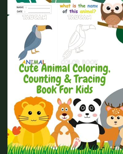 Cute Animal Coloring Counting & Tracing Book For Kids: Adorable Animal ...