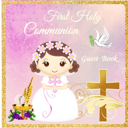 First Holy Communion Guest Book: Elegant Gold White - Lilac Memory Book ...