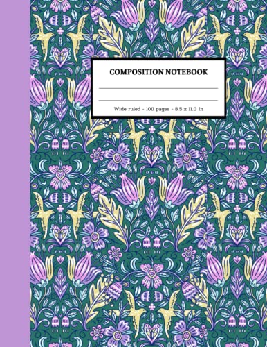 Purple Flowers and Birds | Composition Notebook : Wide ruled 100 pages ...