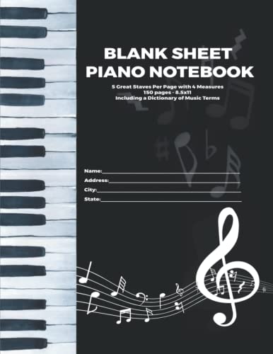 Blank Sheet Piano Notebook: 150-pages | 5 Great Staves Per Page with 4 ...