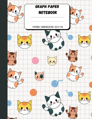 graph paper 5x5 composition notebook: cute kawaii cats pattern, Grid ...