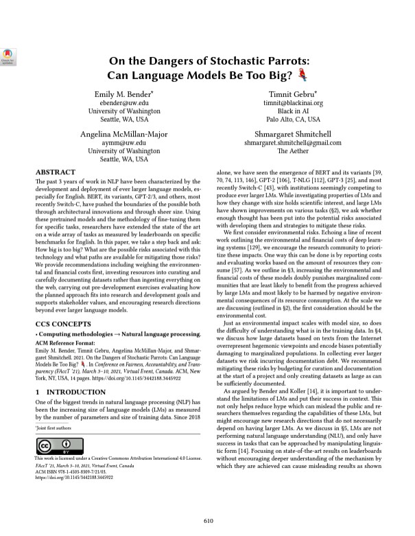 On the Dangers of Stochastic Parrots: Can Language Models Be Too Big ...