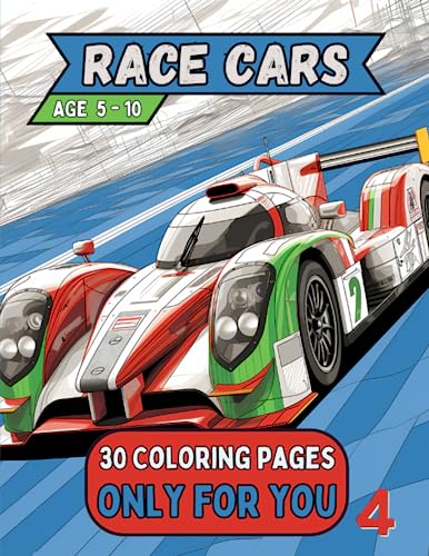 Race Cars Coloring Book: 30 Coloring Pages for Kids (Ages 5-10) by ...