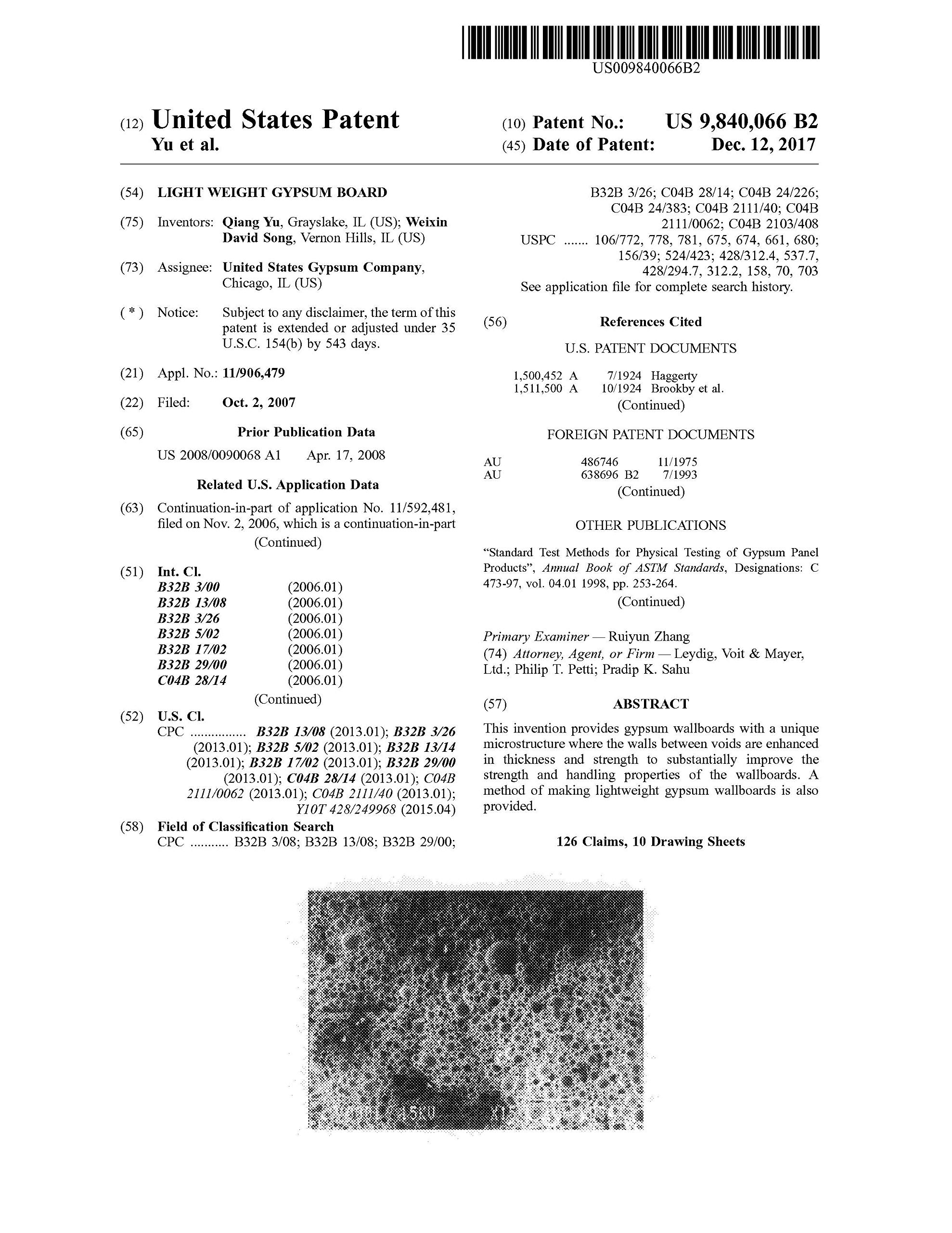 Light weight gypsum board: United States Patent 9840066 by Qiang Yu ...