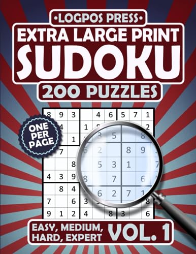 Extra Large Print Sudoku: 200 Puzzles with Solutions, One per Page, 4 ...
