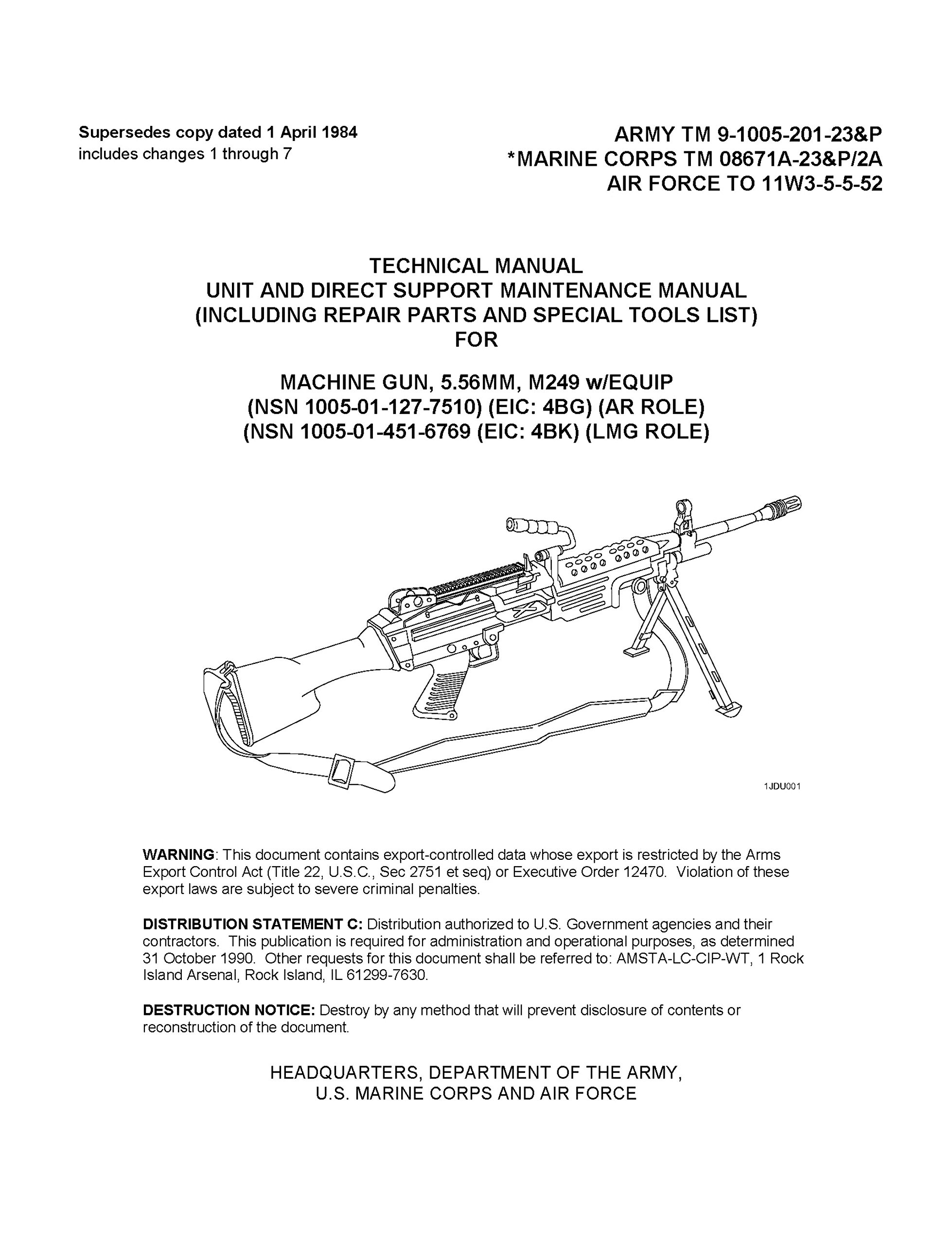 MACHINE GUN, 5.56MM, M249 with Equipment Army Subcourse TM 9-1005-201 ...