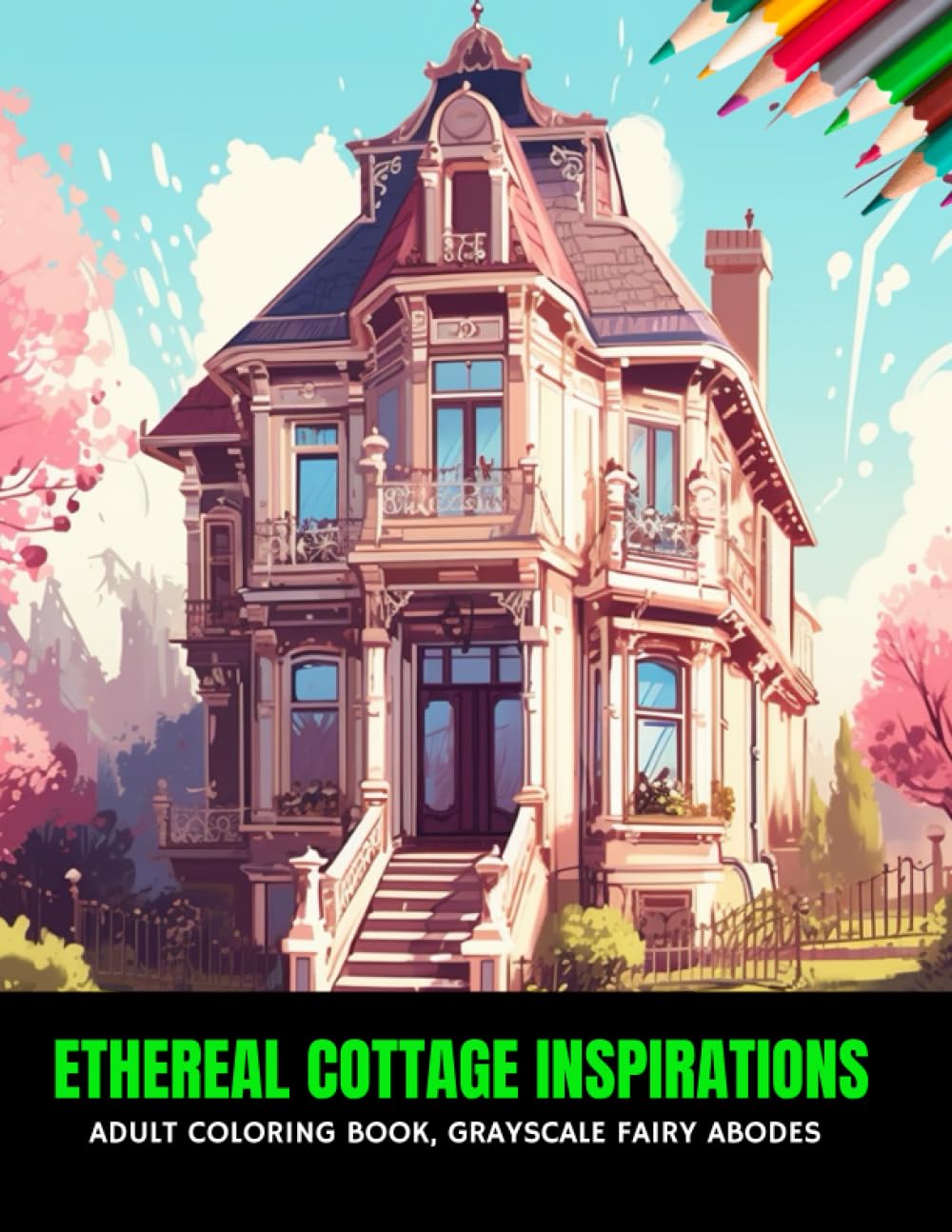 Ethereal Cottage Inspirations: Adult Coloring Book, Grayscale Fairy ...
