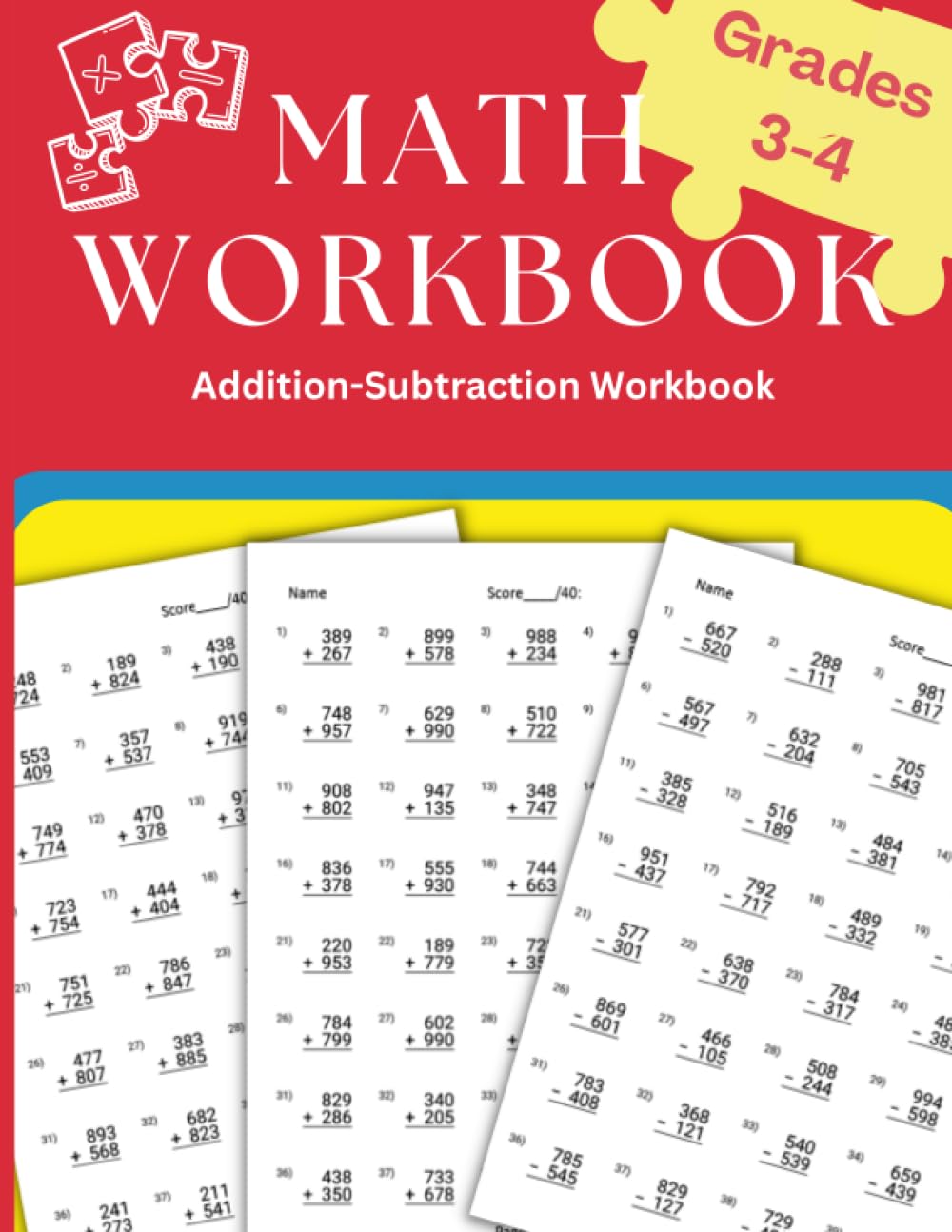 Math Workbook Grade 3 & 4 Addition and Subtraction Exercises: Triple ...