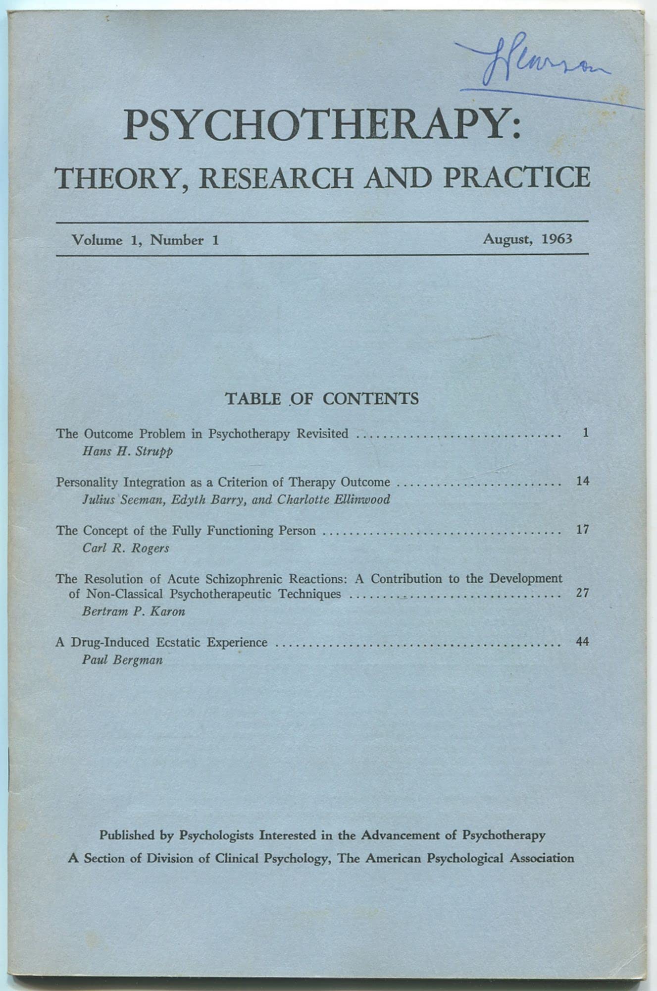 Psychotherapy: Theory, Research and Practice. Volume 1, Number 1 by ...