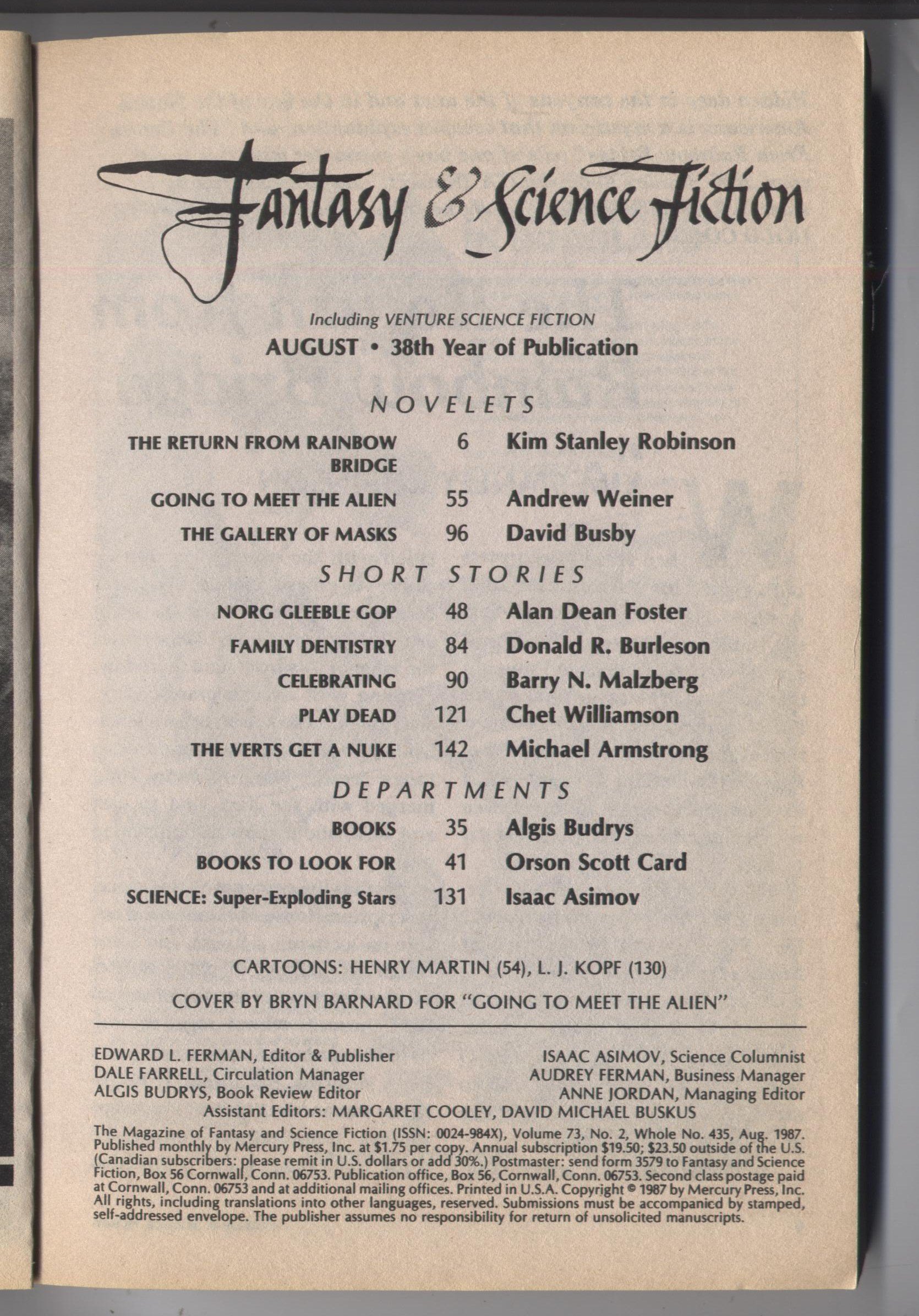 The Magazine of Fantasy and Science Fiction August 1987 by Edward L ...