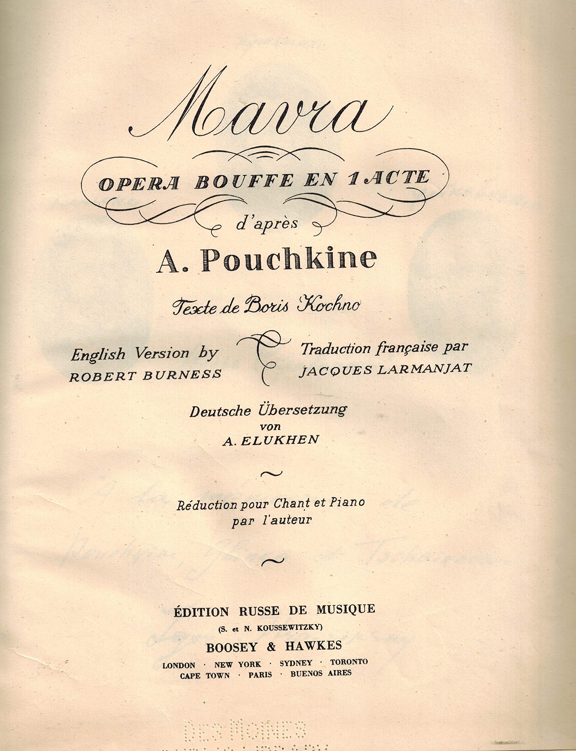 Mavra. Opéra bouffe en 1 acte d'apre by Igor Thedorovich Stravinsky ...