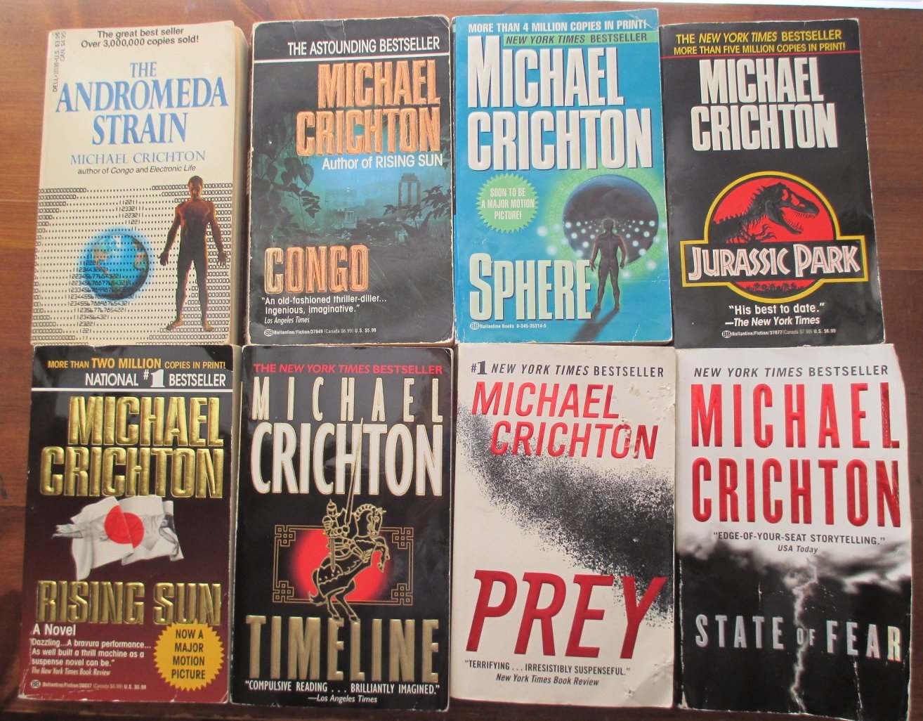 Michael Crichton 8 Book Set Including the Andromeda Strain, Congo, Sphere, Jurrassic Park ...