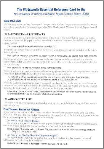 The Wadsworth Essential Reference Card to the MLA Handbook for Writers ...