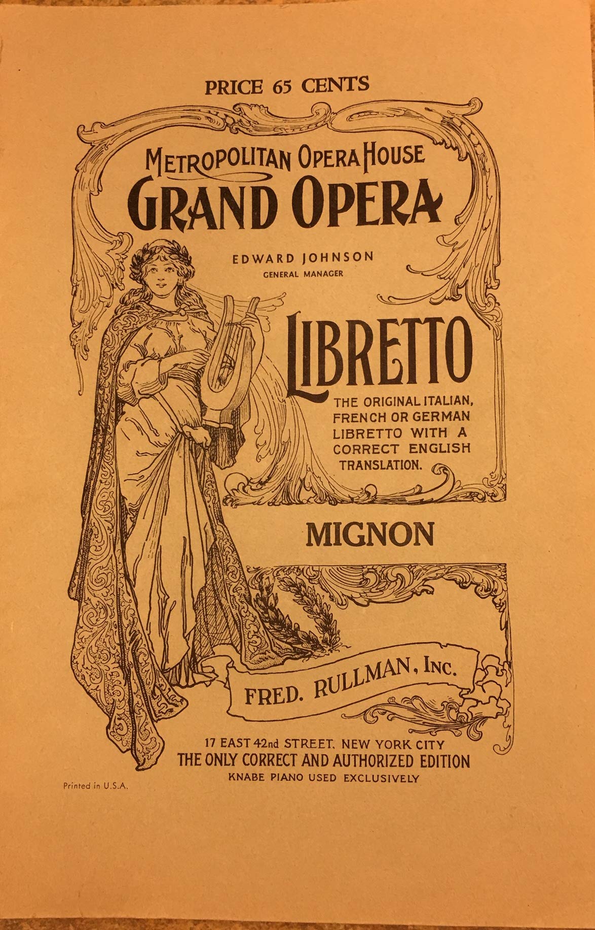 Mignon Libretto :Metropolitan Opera House Grand Opera by Michel Carré ...