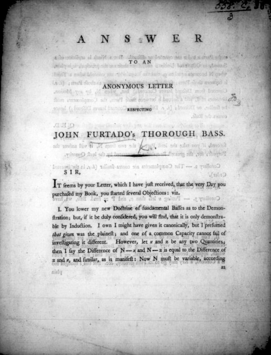 Answer to an anonymous letter respecting John Furtado's thorough bass ...