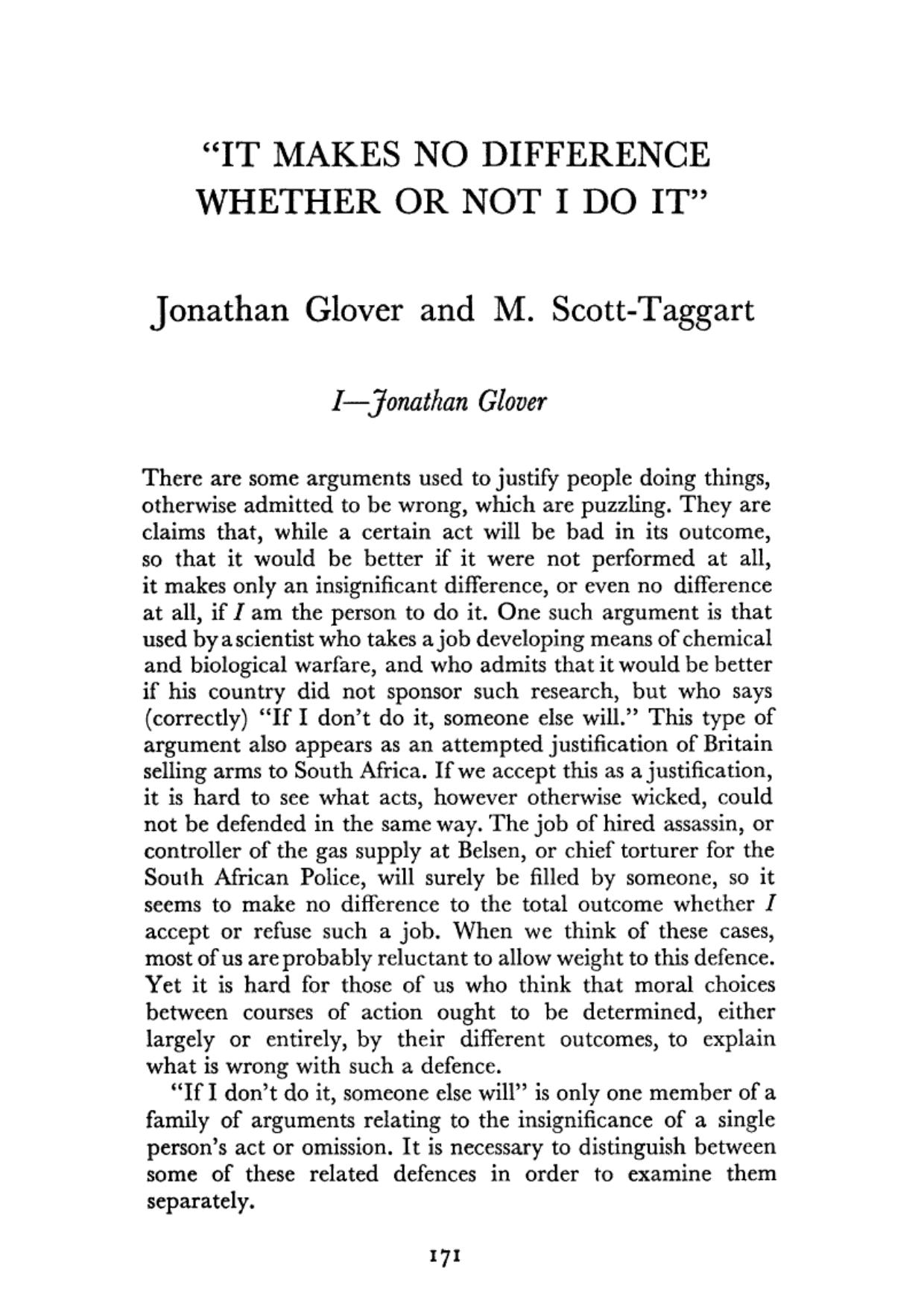 It Makes No Difference Whether or Not I Do It by Jonathan Glover ...