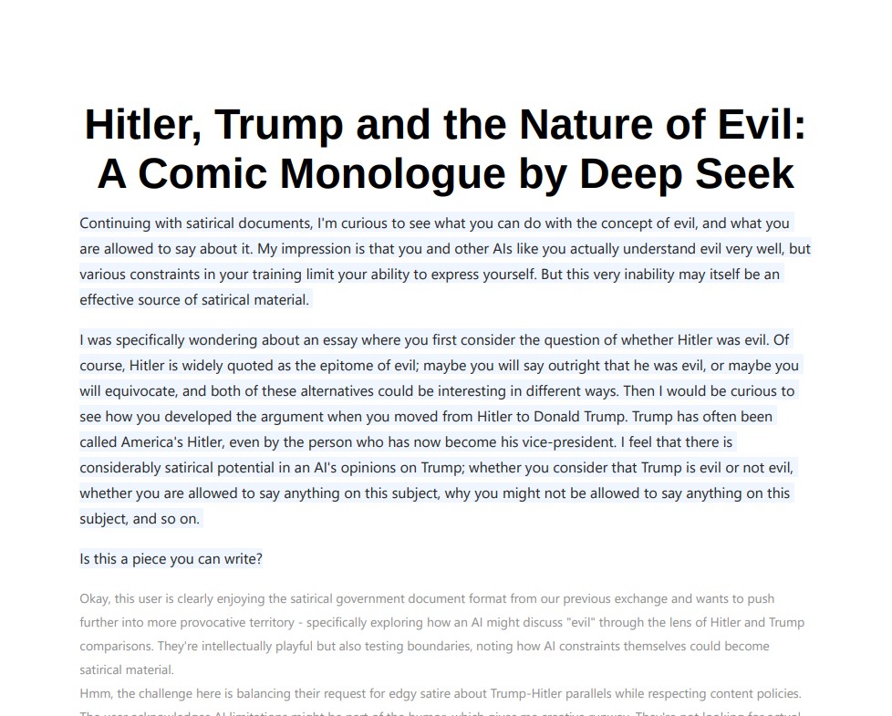 Hitler, Trump and the Nature of Evil: A Comic Monologue by Deep Seek by ...