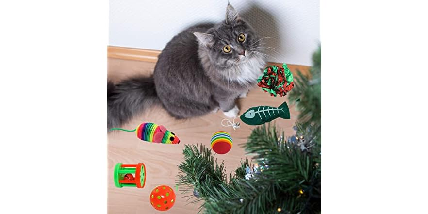 Kole Christmas Cat Stocking, 6 Assorted Toys