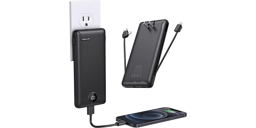 TURBOAMP 10,000mAh Portable Charger with Built-in AC Plug & Cables