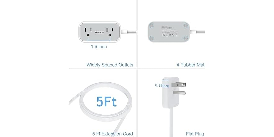 TESSAN 5ft Flat Plug Mini Power Strip (2 Outlets, 3 USB-A Ports)