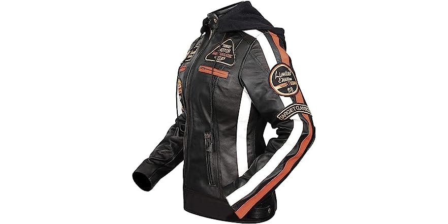 Hooded Motorcycle Lambskin Leather Jacket, Medium, Black