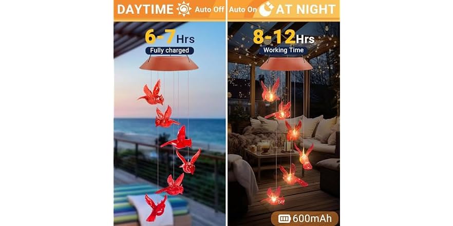 Solar Cardinal Bird Wind Chimes Outdoor