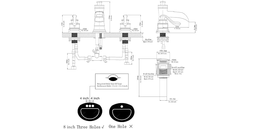 BWE 3 Hole Widespread Bathroom Faucet 8“