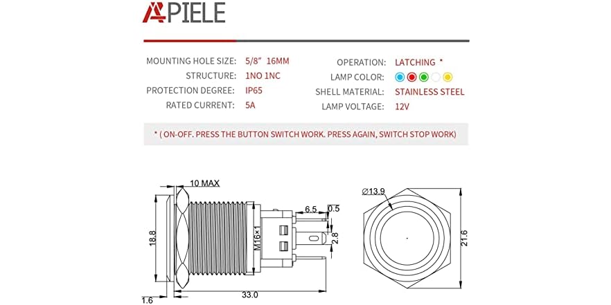 APIELE 16mm Latching Push Button Switch