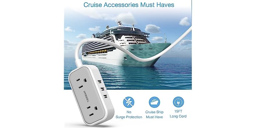 TESSAN 15FT Mini Power Strip (2 Outlets, 3 USB Ports)