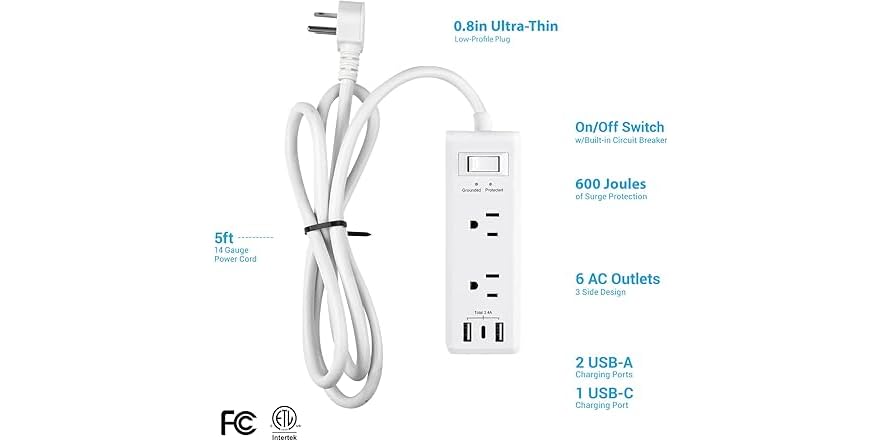Clear Power 6-Outlet Surge Protector Power Strip with 3 USB Ports(1 USB-C)