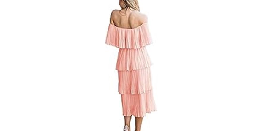 Off The Shoulder Tiered Ruffle Dress, Pink