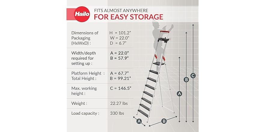 Hailo Folding L100 Step Ladder, Non-Slip, 8 Step