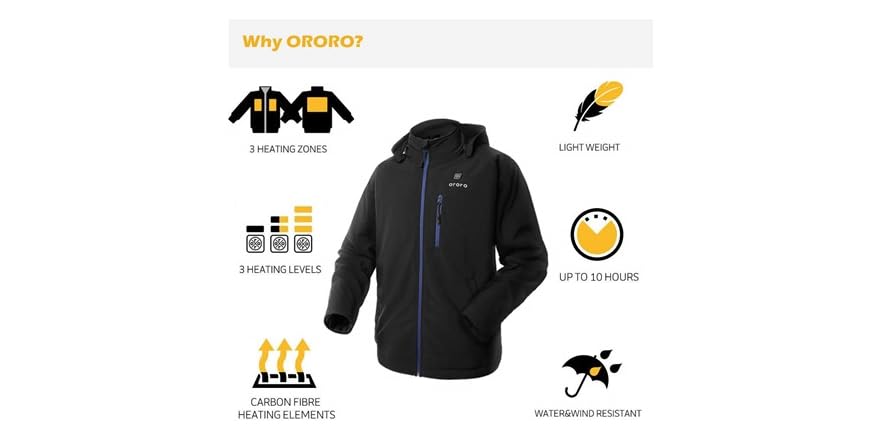 ORORO Men's Soft Shell Heated Jacket with Detachable Hood and Battery Pack