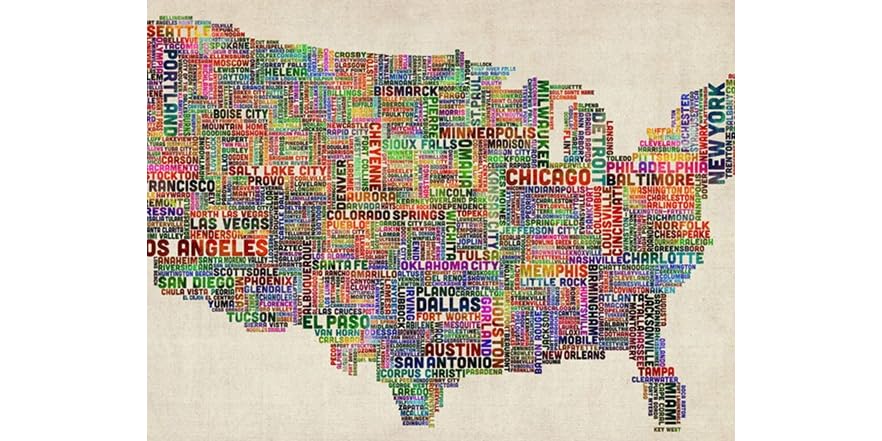 US Cities Text Map VI 18x24 Canvas