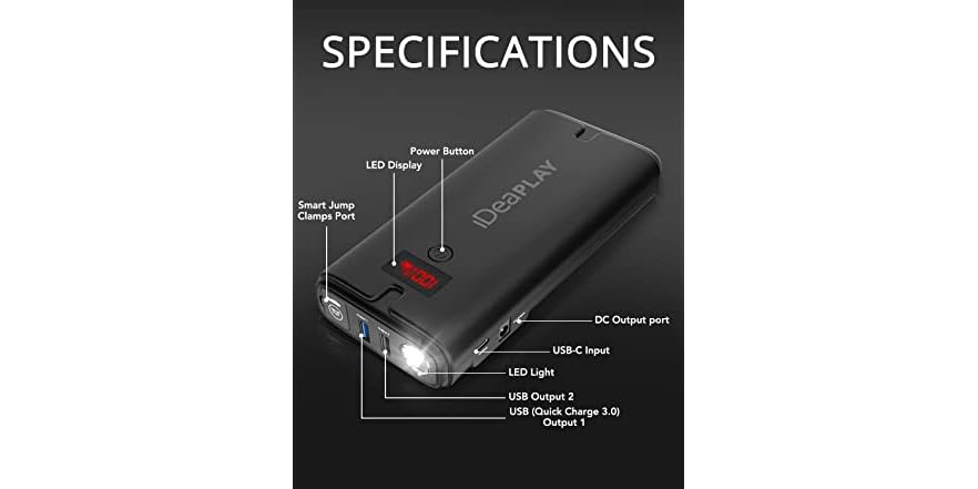 IDEAPLAY J10 Black Jump Starter & Power Bank
