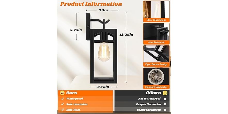 VerRon 2Pk Black 12.35" Wall Light Fixture