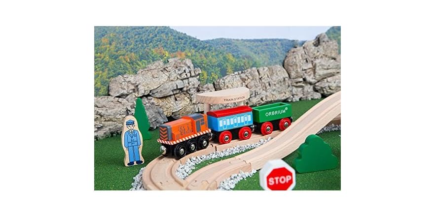 Orbrium Toys 52 Pcs Deluxe Wooden Train…